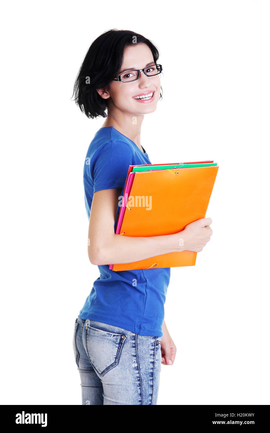 Happy student woman with notebooks Stock Photo - Alamy