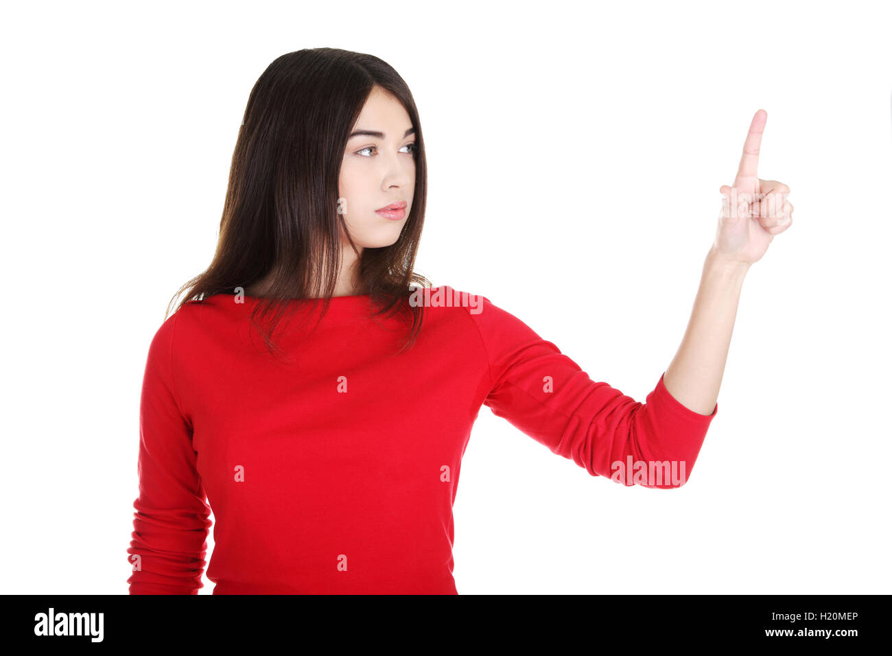 Beautiful woman making choose on abstract screen Stock Photo - Alamy