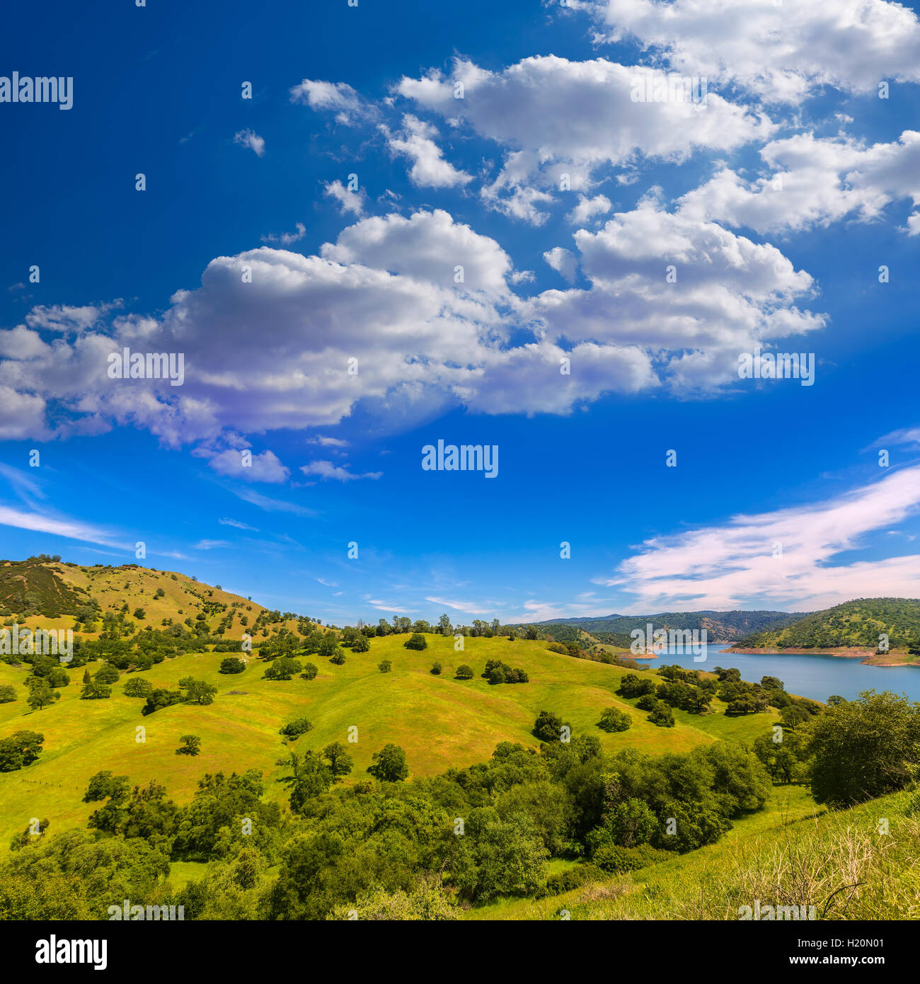 California meadows hill and lake in a blue sky spring Stock Photo - Alamy