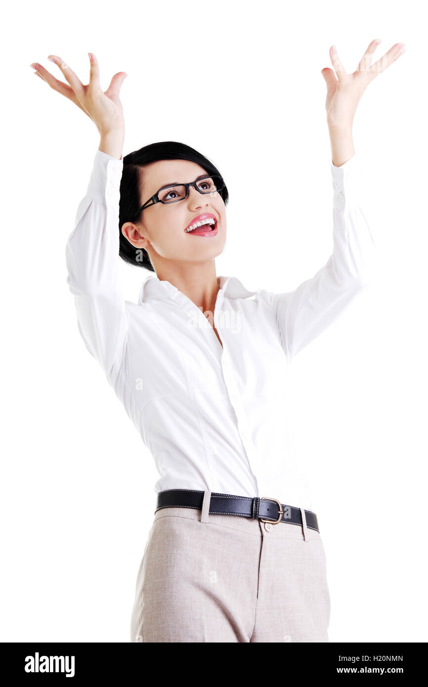 Happy girl with raised hands Stock Photo - Alamy