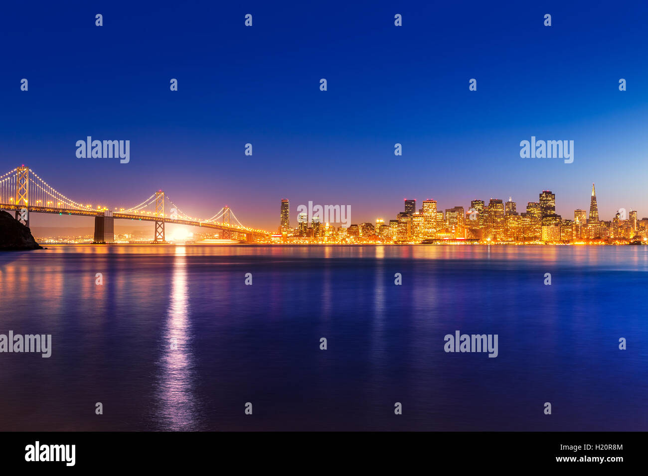 San Francisco sunset skyline California bay water reflection Stock ...