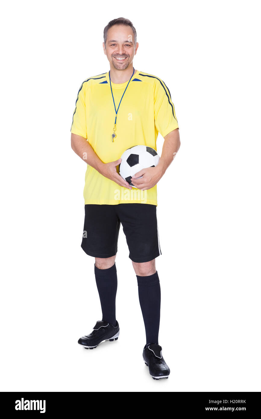 Portrait Of A Happy Soccer Player With A Football Stock Photo - Alamy