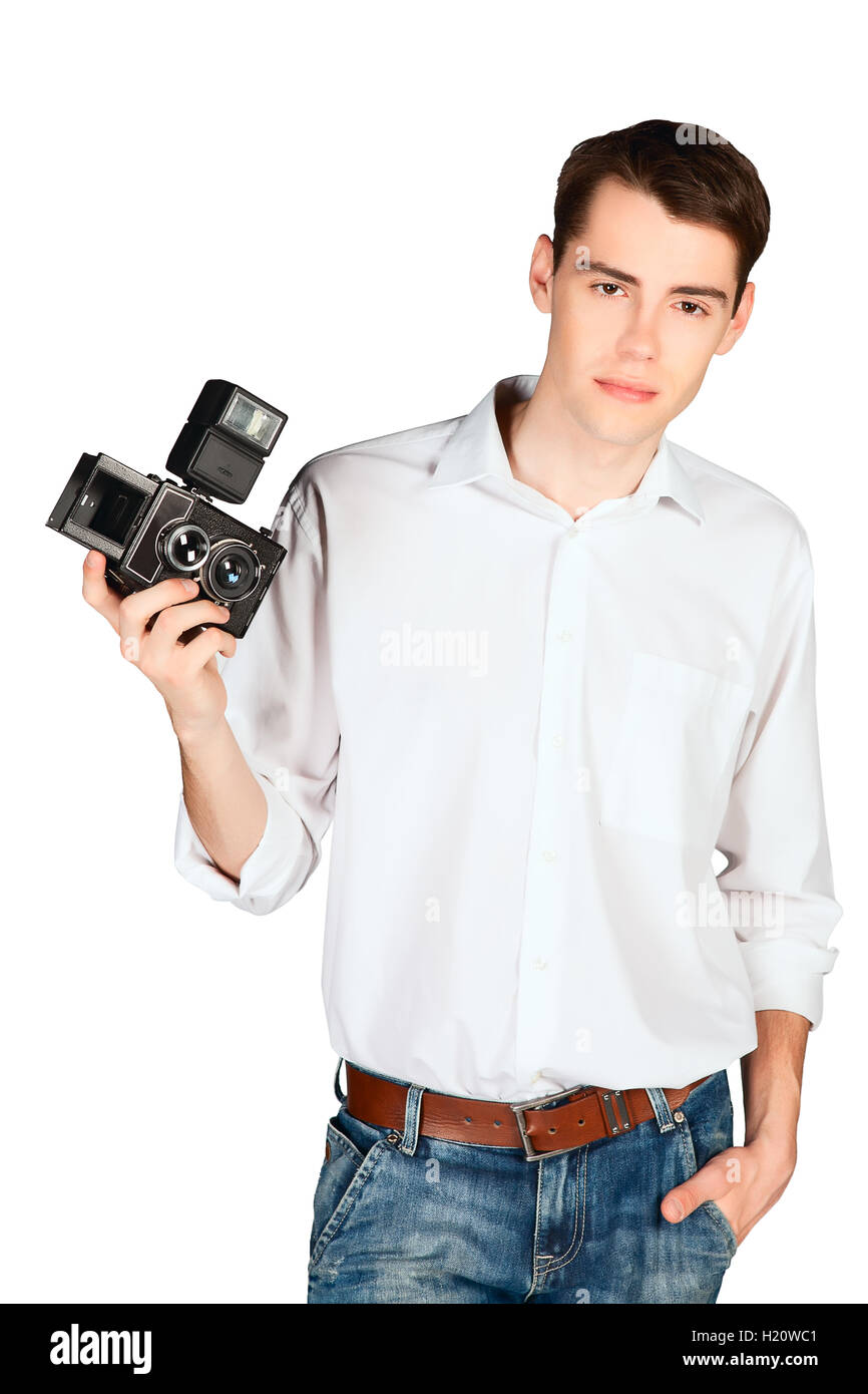 young man posing with camera isolated Stock Photo - Alamy