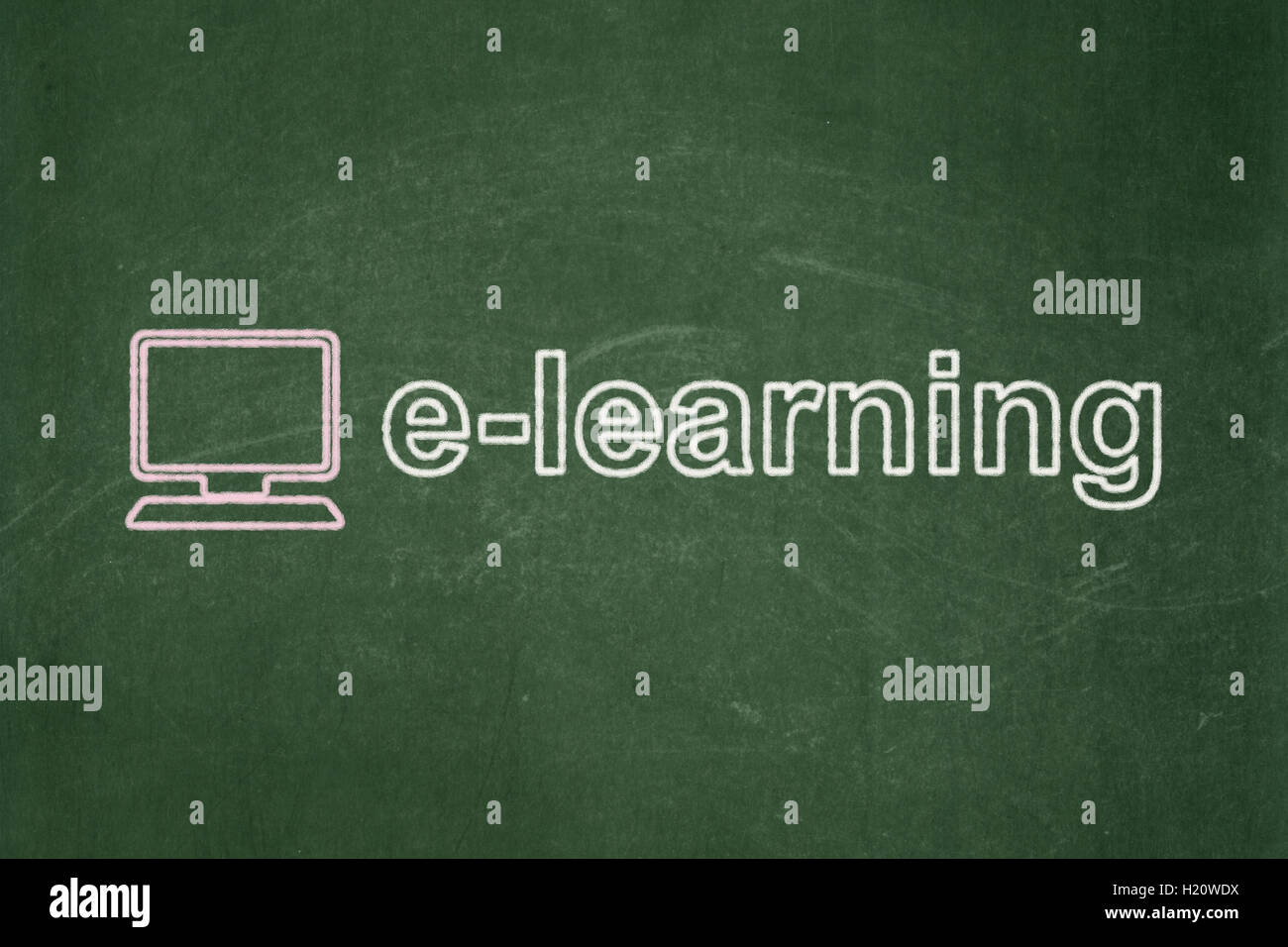 Education concept: Computer Pc and E-learning on chalkboard background ...