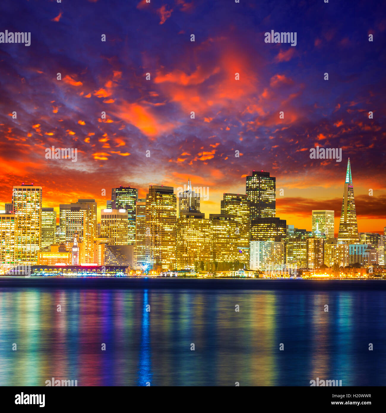 San Francisco sunset skyline California bay water reflection Stock ...