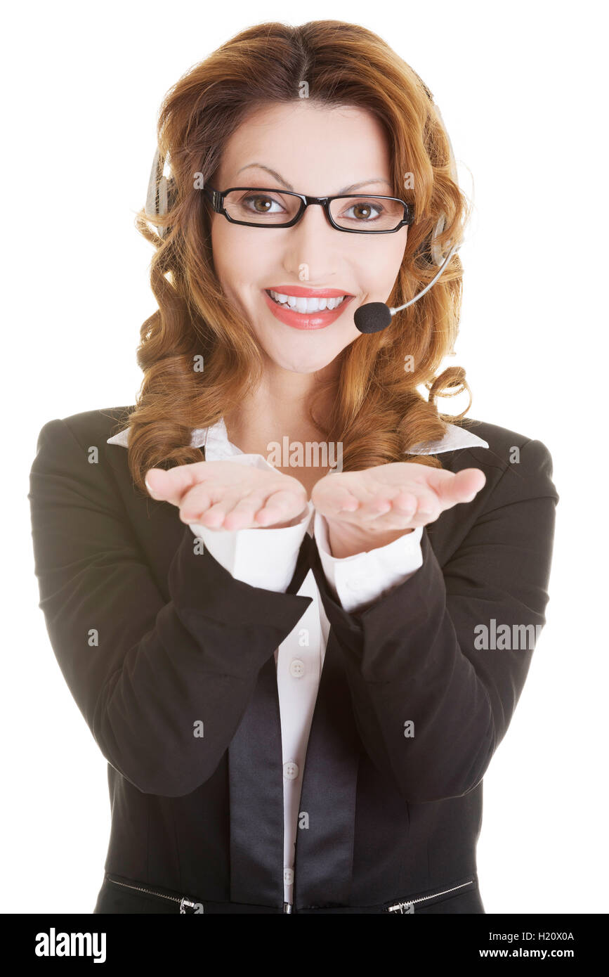Call center assistant advertising copy space on her palm Stock Photo ...