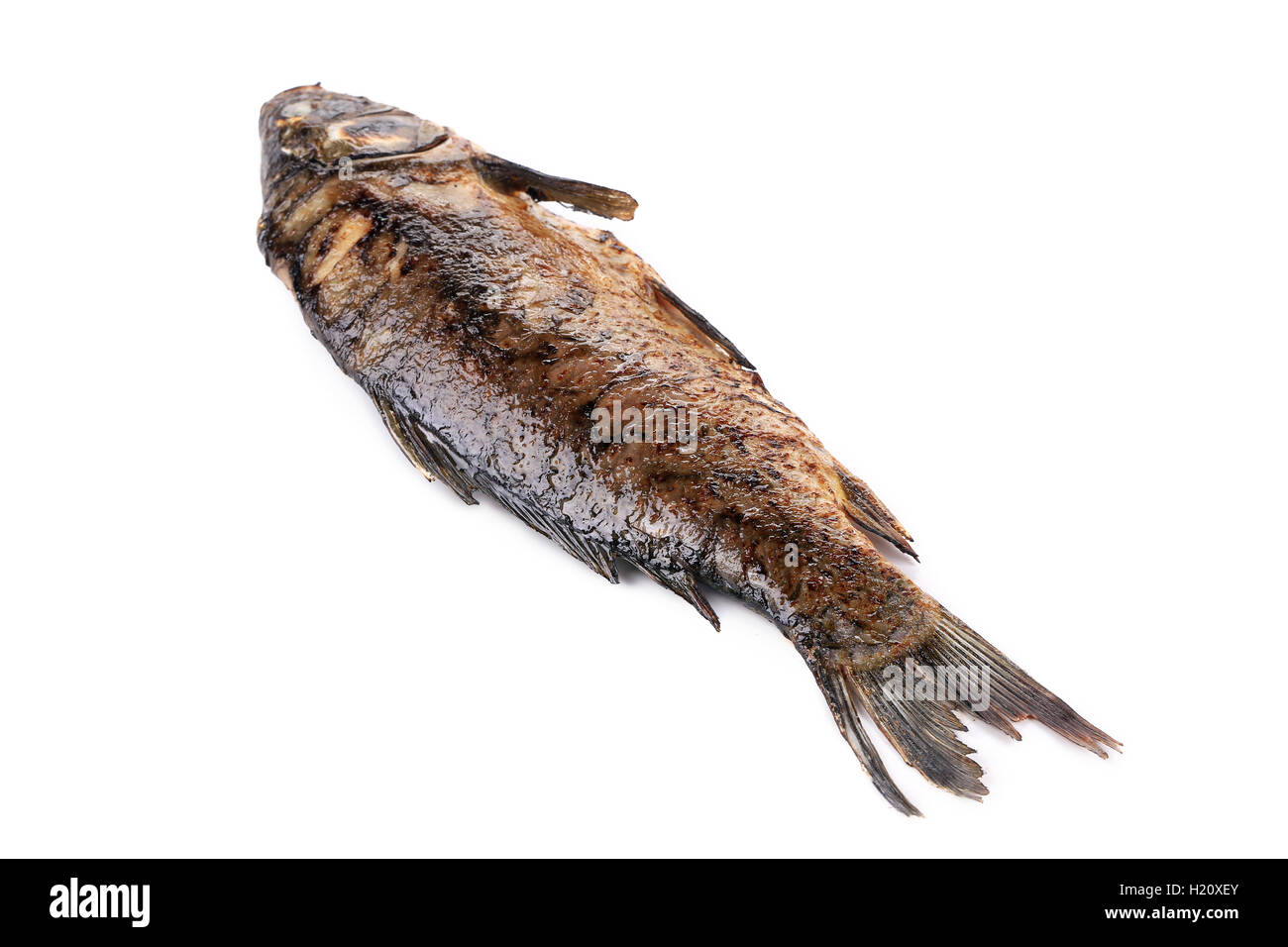 Fried fish on a white background Stock Photo - Alamy