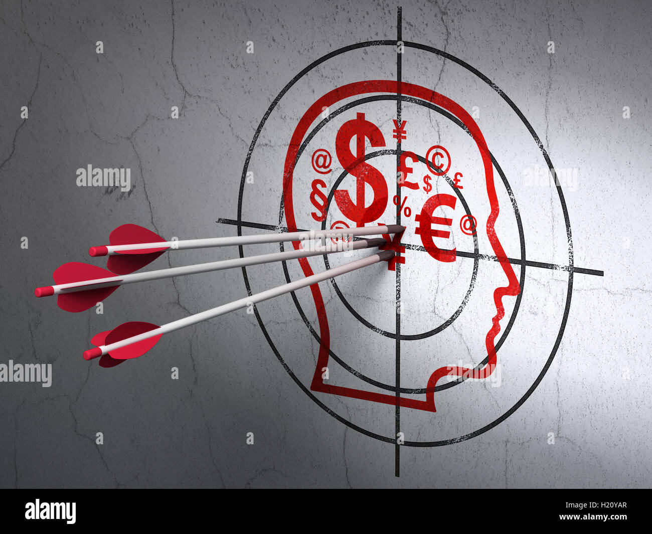 Education concept: arrows in Head With Finance Symbol target on wall ...