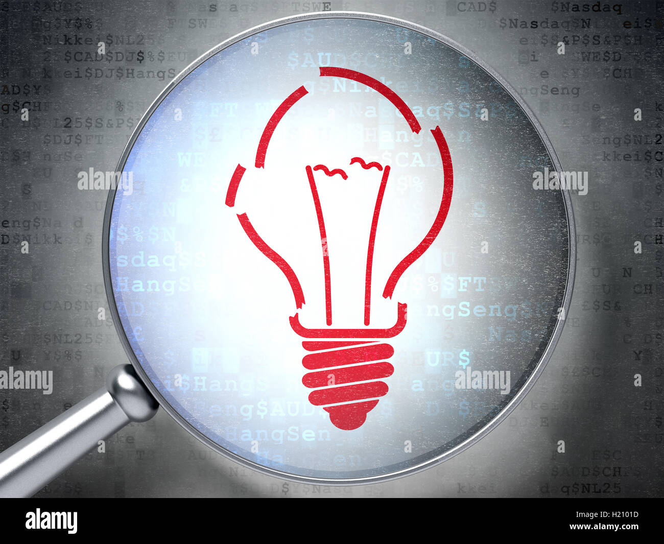 Finance concept: Light Bulb with optical glass on digital background ...