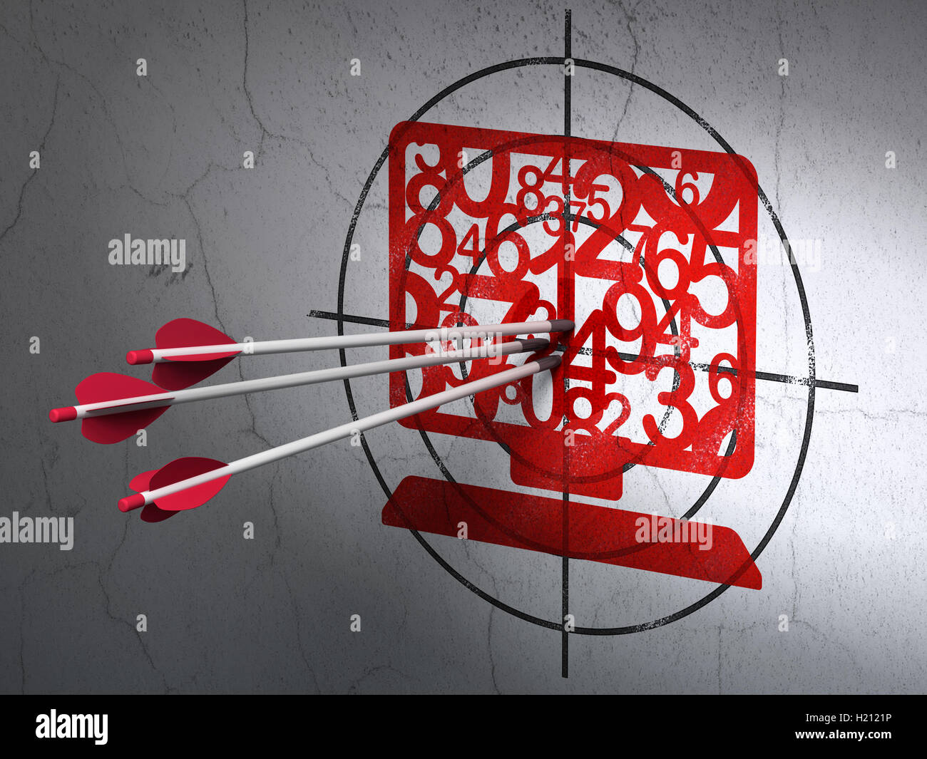 Education concept: arrows in Computer Pc target on wall background ...