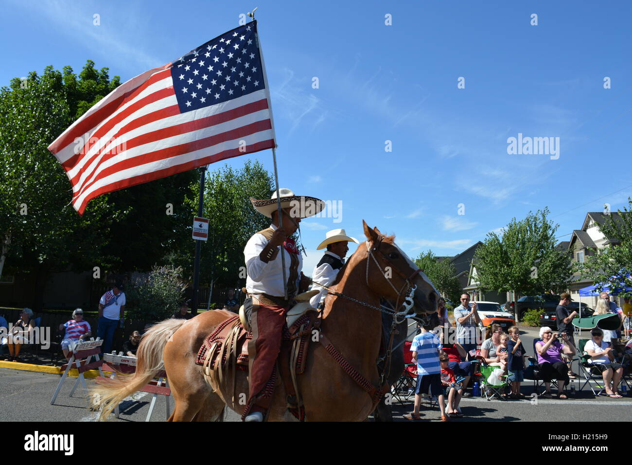 Portland, USA - July 4, 2012: Men on horse parade in Independence day ...