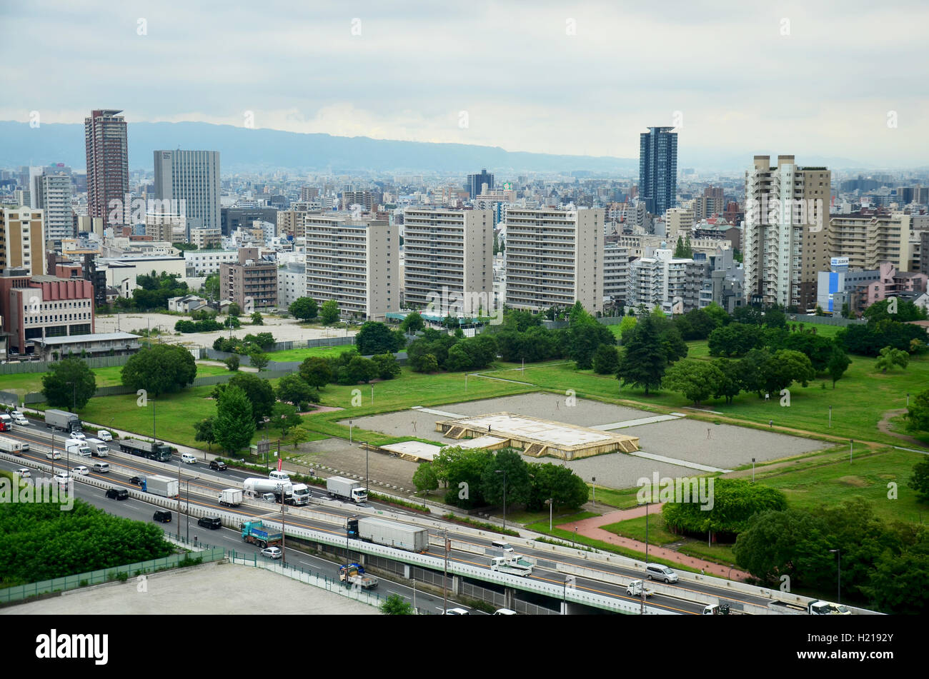 Aerial view cityscape of Osaka city at around Osaka castle on July 10 ...