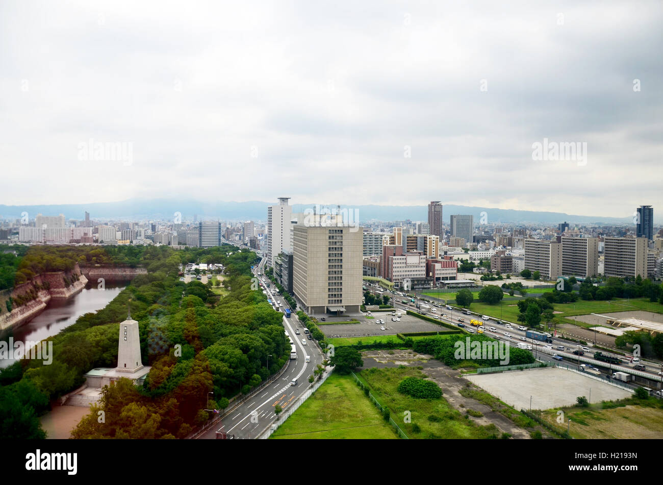 Aerial view cityscape of Osaka city at around Osaka castle on July 10 ...