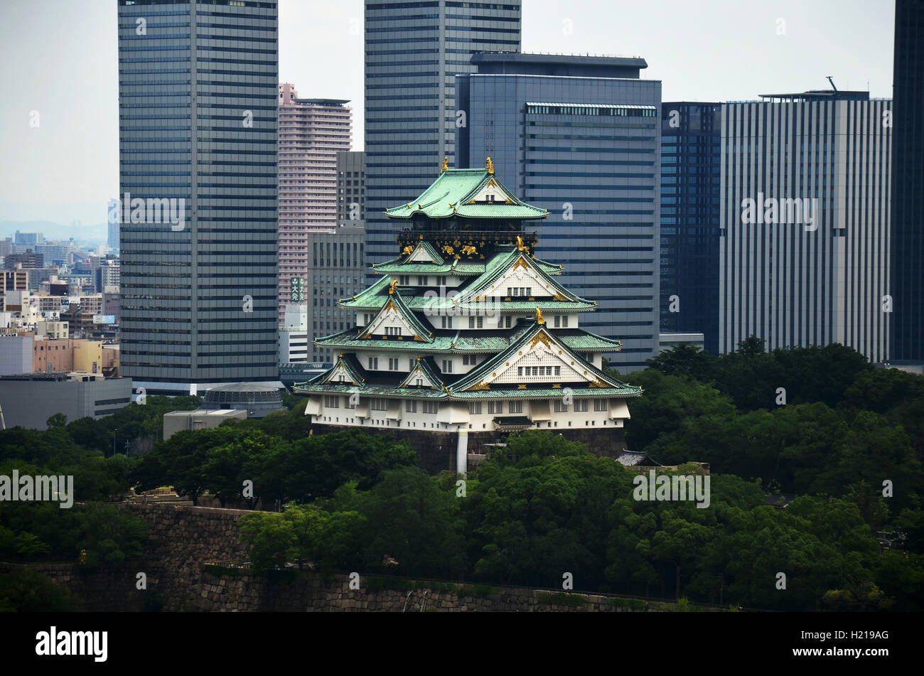 Aerial view cityscape of Osaka city at around Osaka castle on July 10 ...