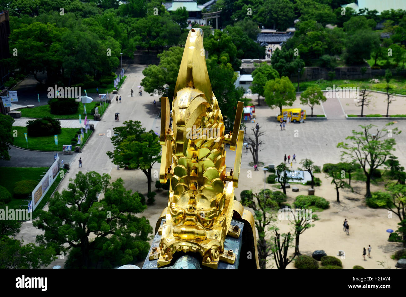 Golden dragon fish statue or Shachihoko at roof top and aerial view ...