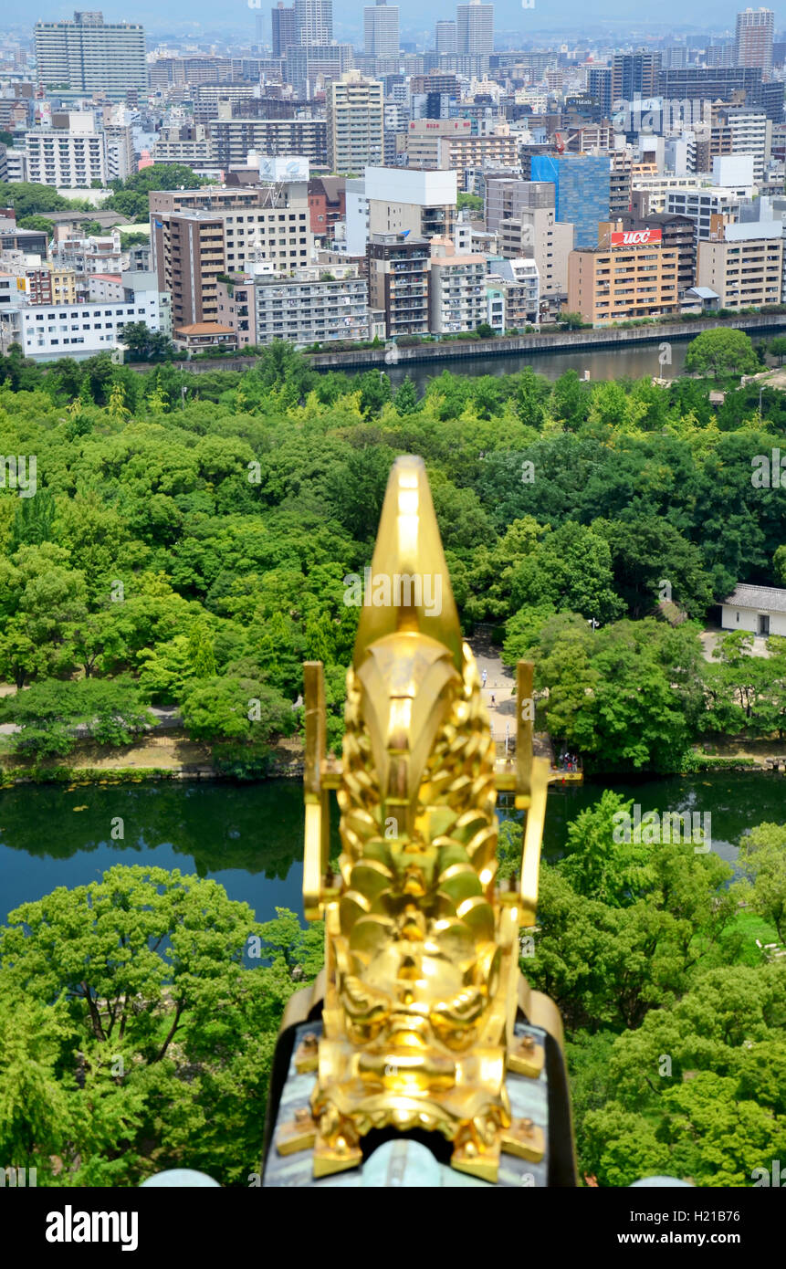 Golden dragon fish statue or Shachihoko at roof top and aerial view ...