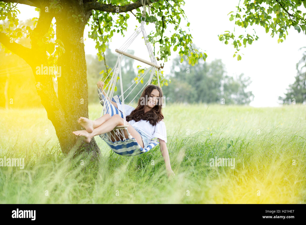 Happy woman relaxing in a hanging chair under a tree Stock Photo - Alamy