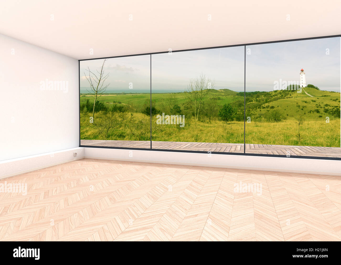 Empty room, window with view to Baltic Sea, Hiddensee, 3D Rendering ...