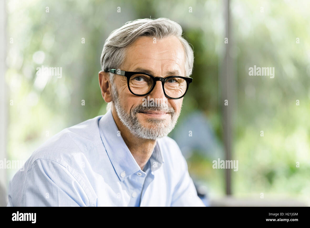 Portrait of smiling man with grey hair and beard wearing spectacles ...