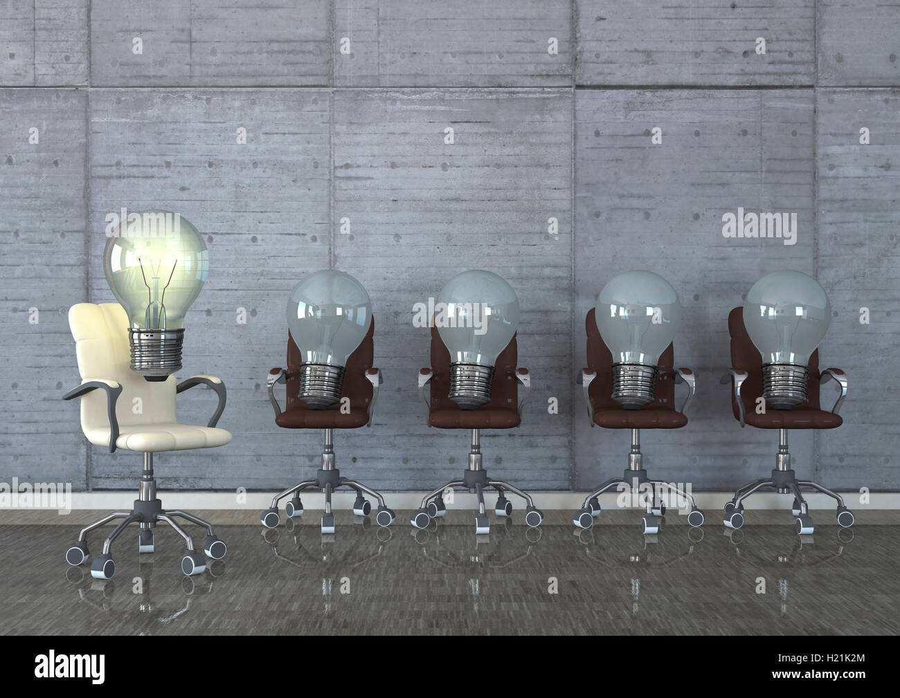 3d illustration, best Idea, swivel chairs with bulbs in a modern office ...