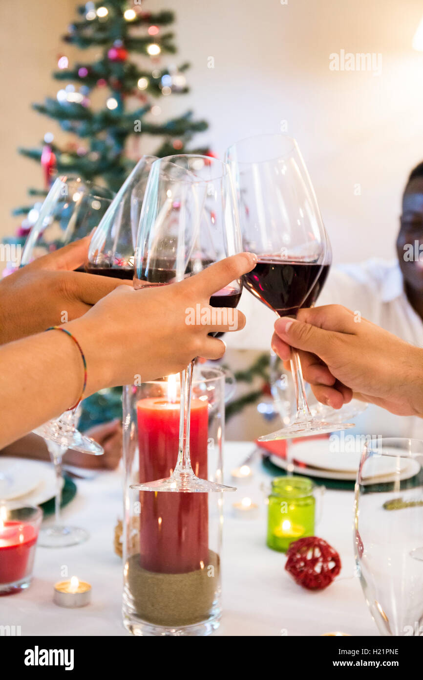 Friends toasting with wine during a Christmas dinner Stock Photo - Alamy