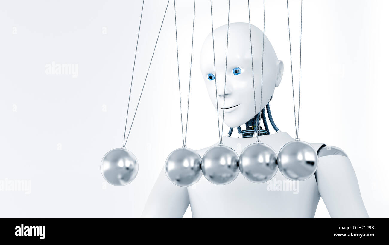 Robot watching Newton's cradle, 3D Rendering Stock Photo - Alamy