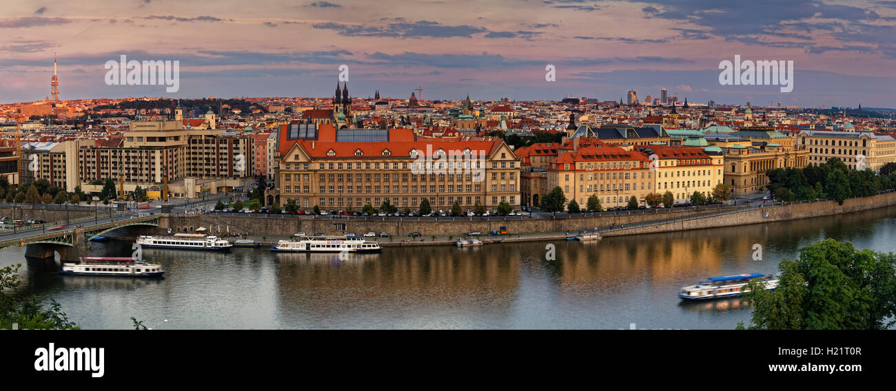 Czech Republic, Prague, Cityscape and Cechuv most bridge, Vltava river ...