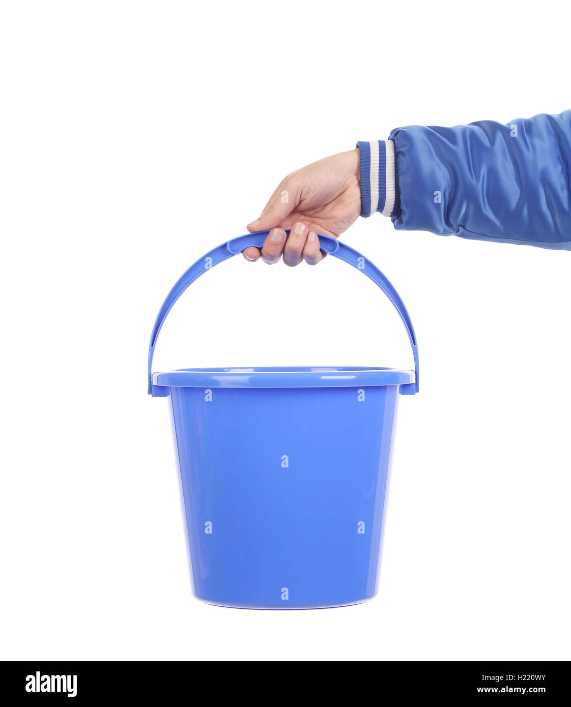 Hand holding blue bucket Stock Photo - Alamy