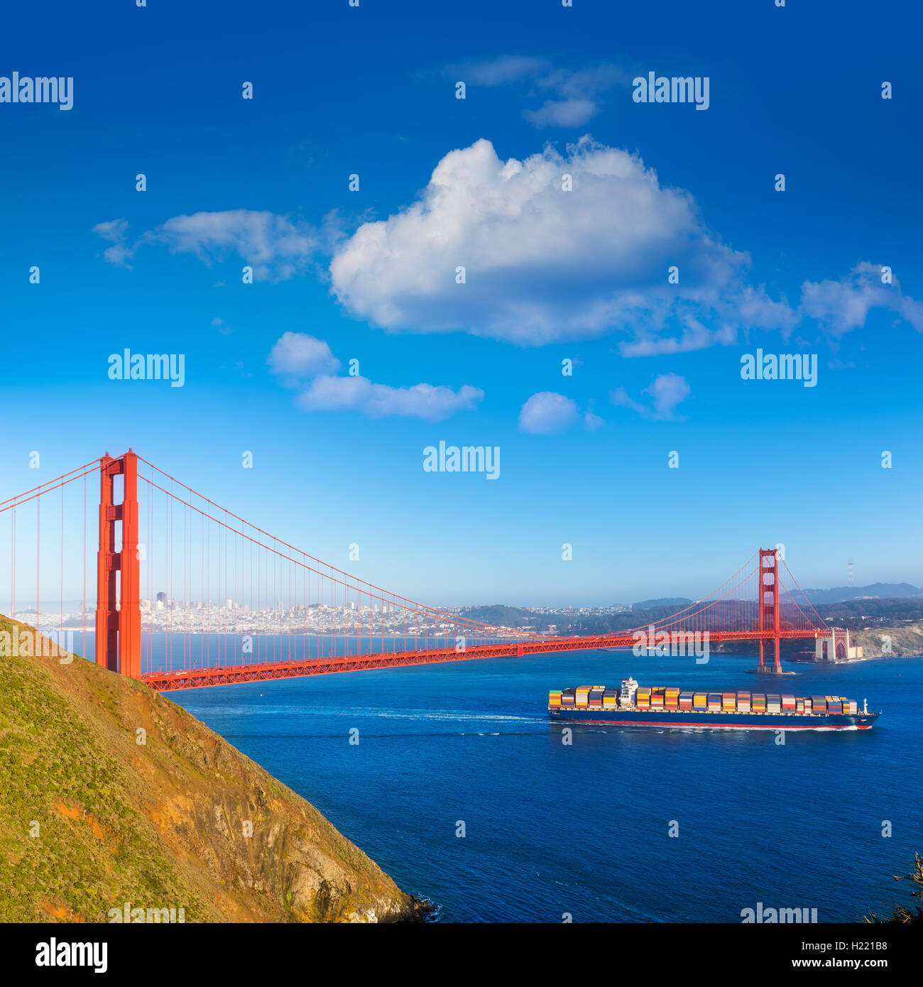 San Francisco Golden Gate Bridge merchant ship in California Stock ...
