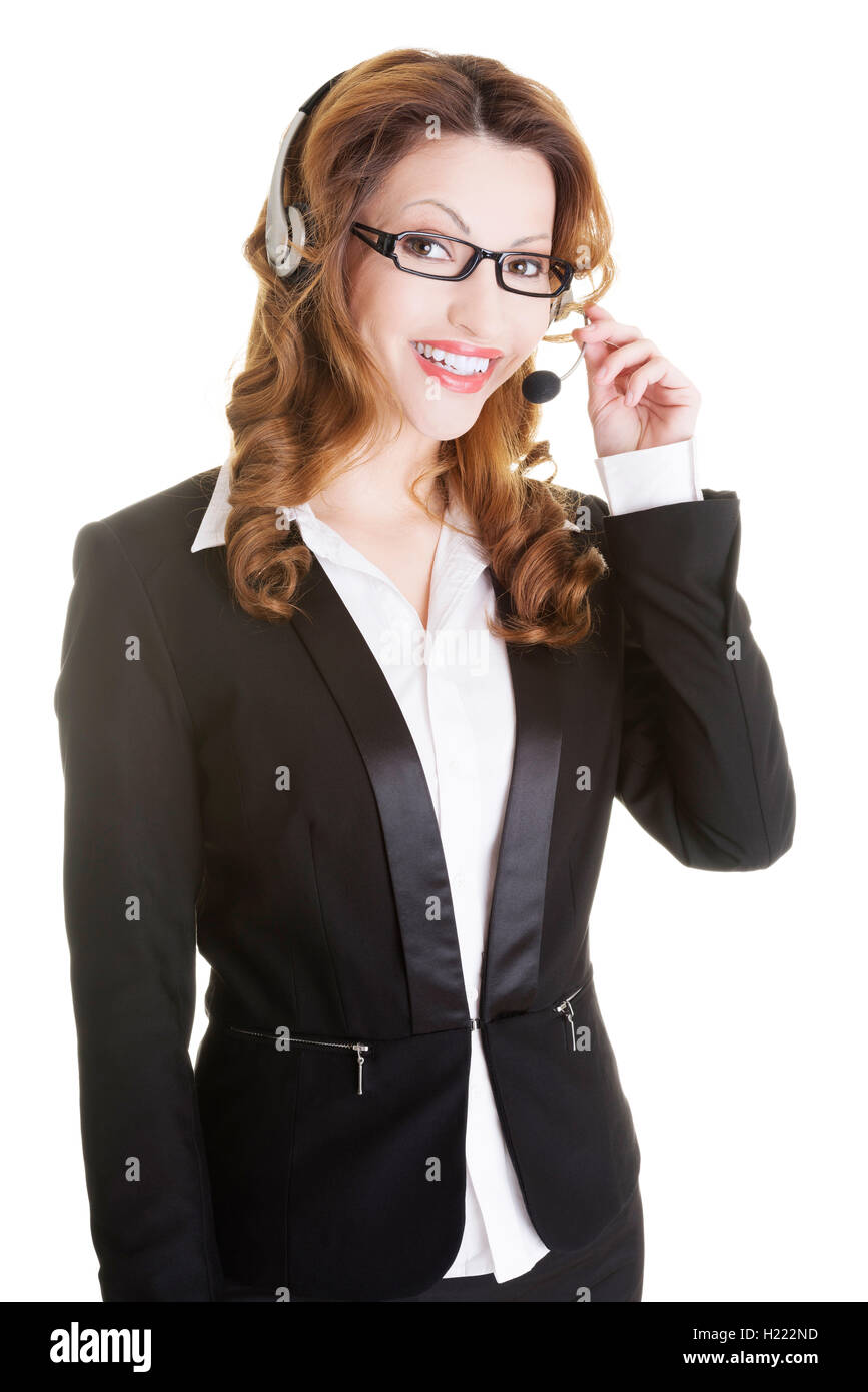 Beautiful call-center assistant smiling Stock Photo - Alamy