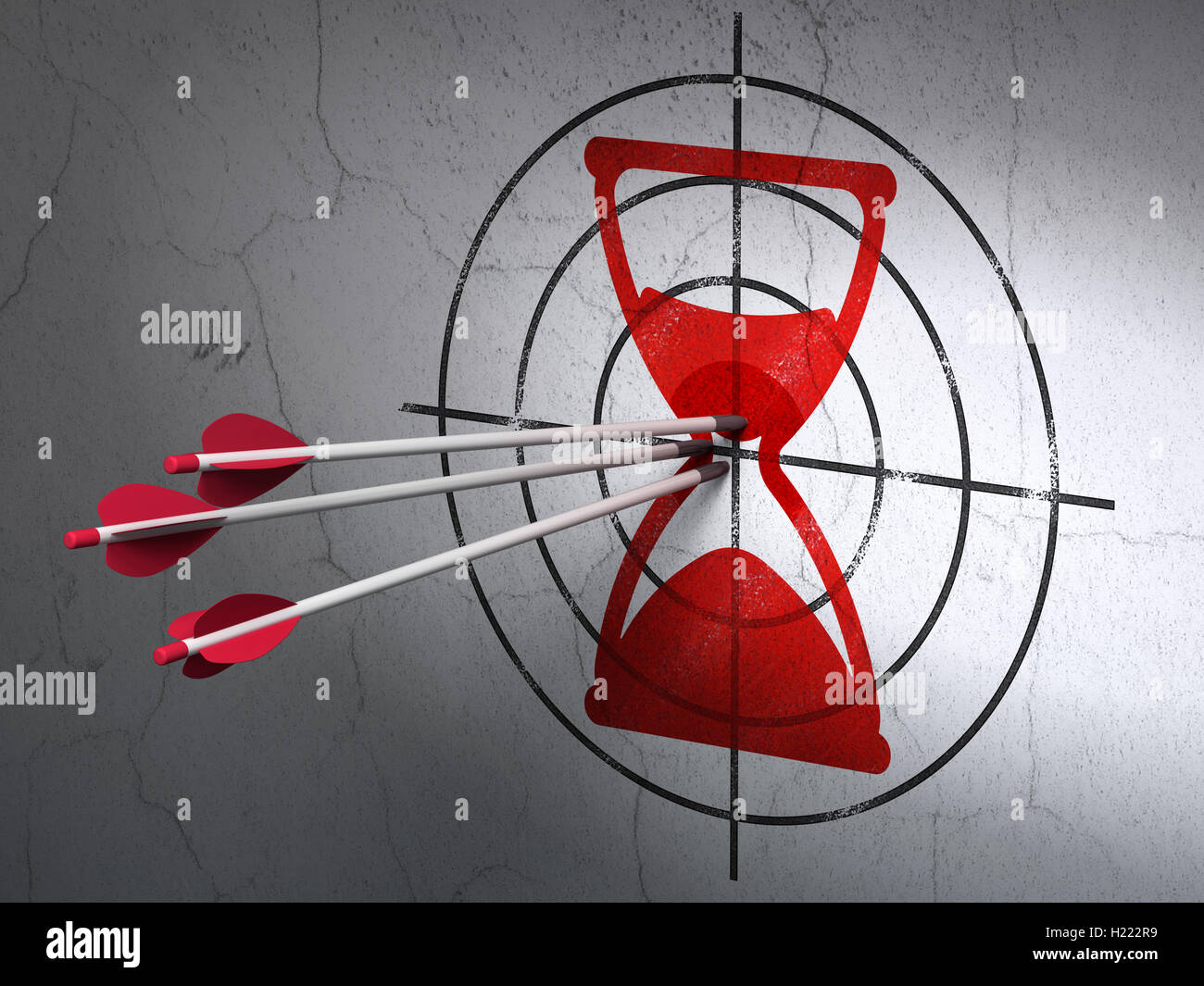 Time concept: arrows in Hourglass target on wall background Stock Photo ...