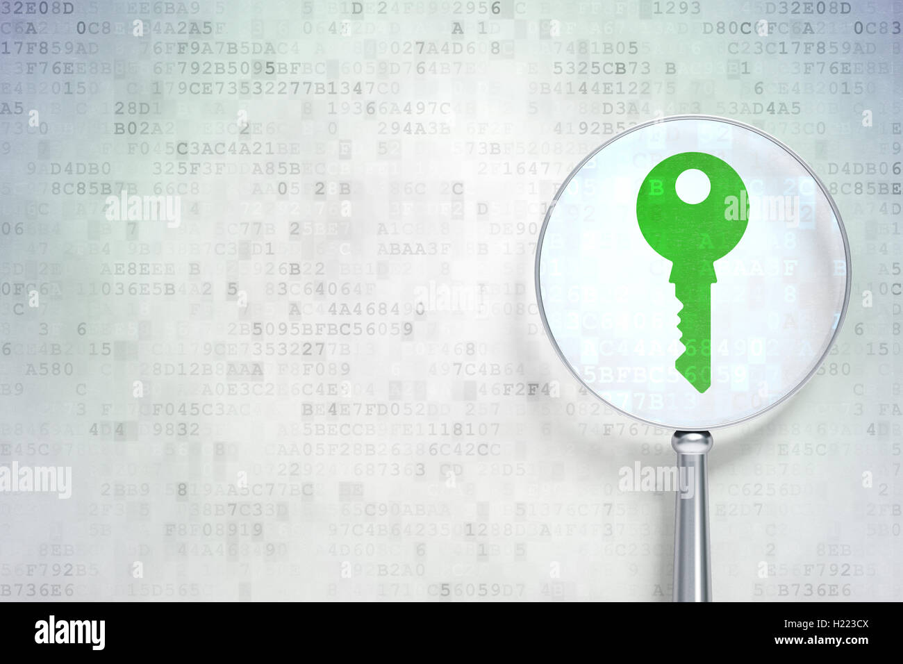 Safety concept: Key with optical glass on digital background Stock ...