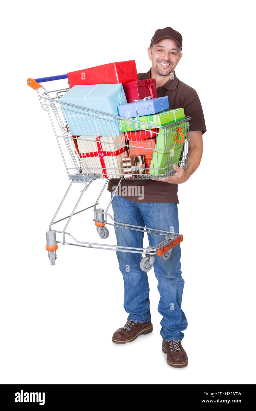 Happy Man With Shopping Cart Stock Photo - Alamy
