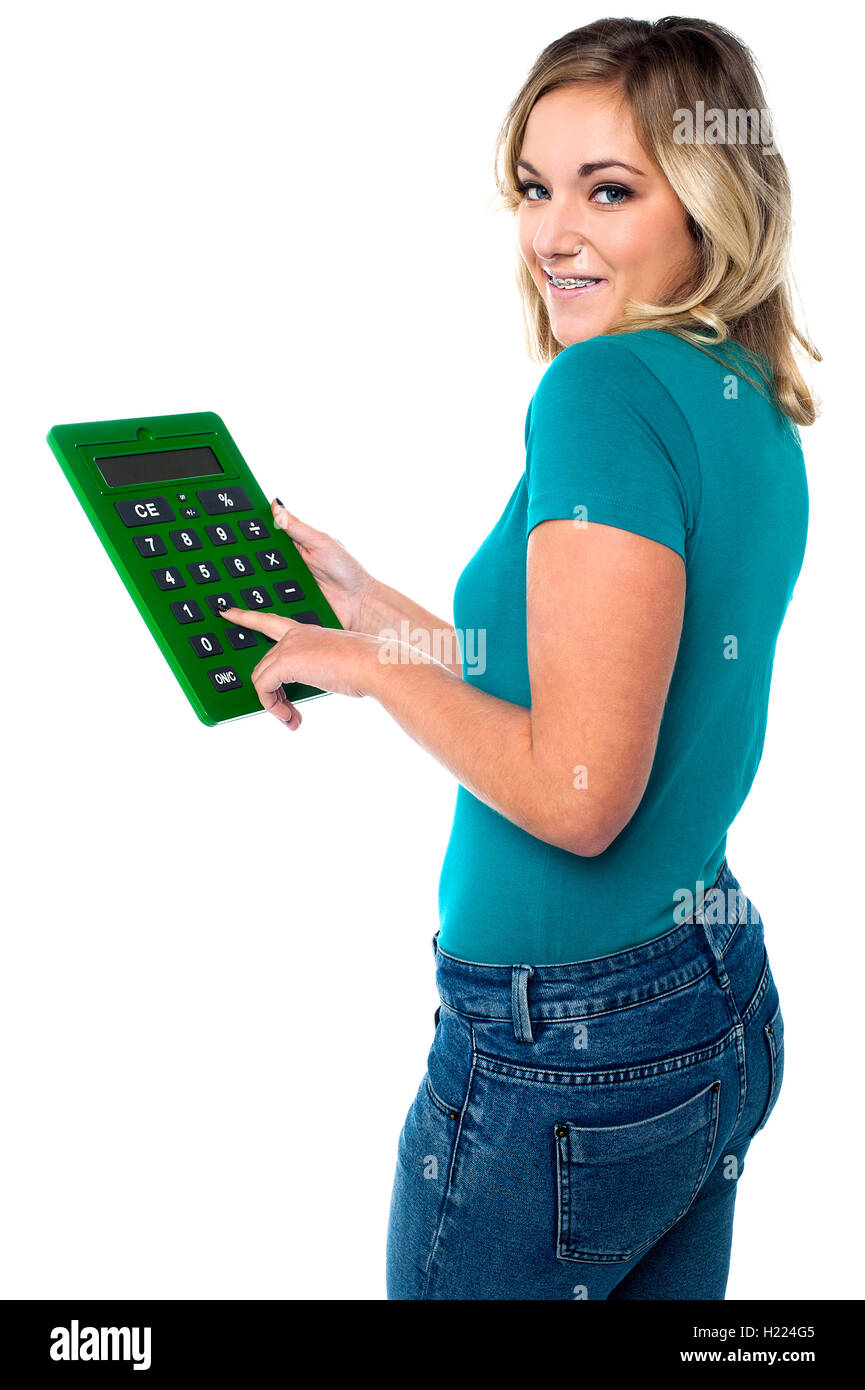 Smile girl using calculator hi-res stock photography and images - Alamy
