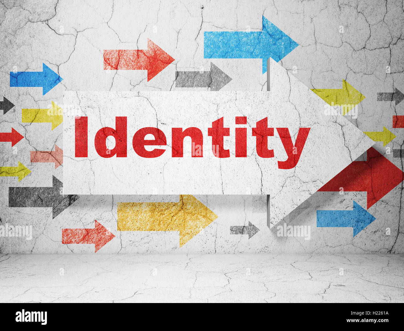 Safety concept: arrow with Identity on grunge wall background Stock ...