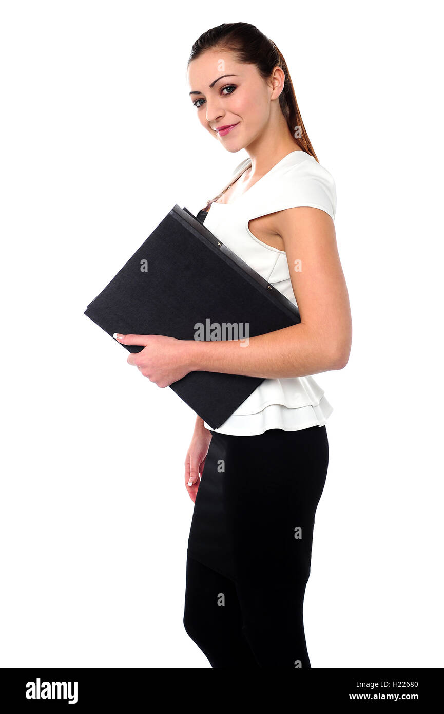 Business lady holding office files Stock Photo - Alamy