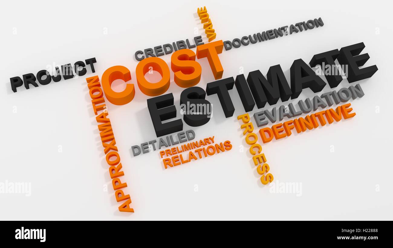 Cost Estimate word cloud over white background Stock Photo - Alamy