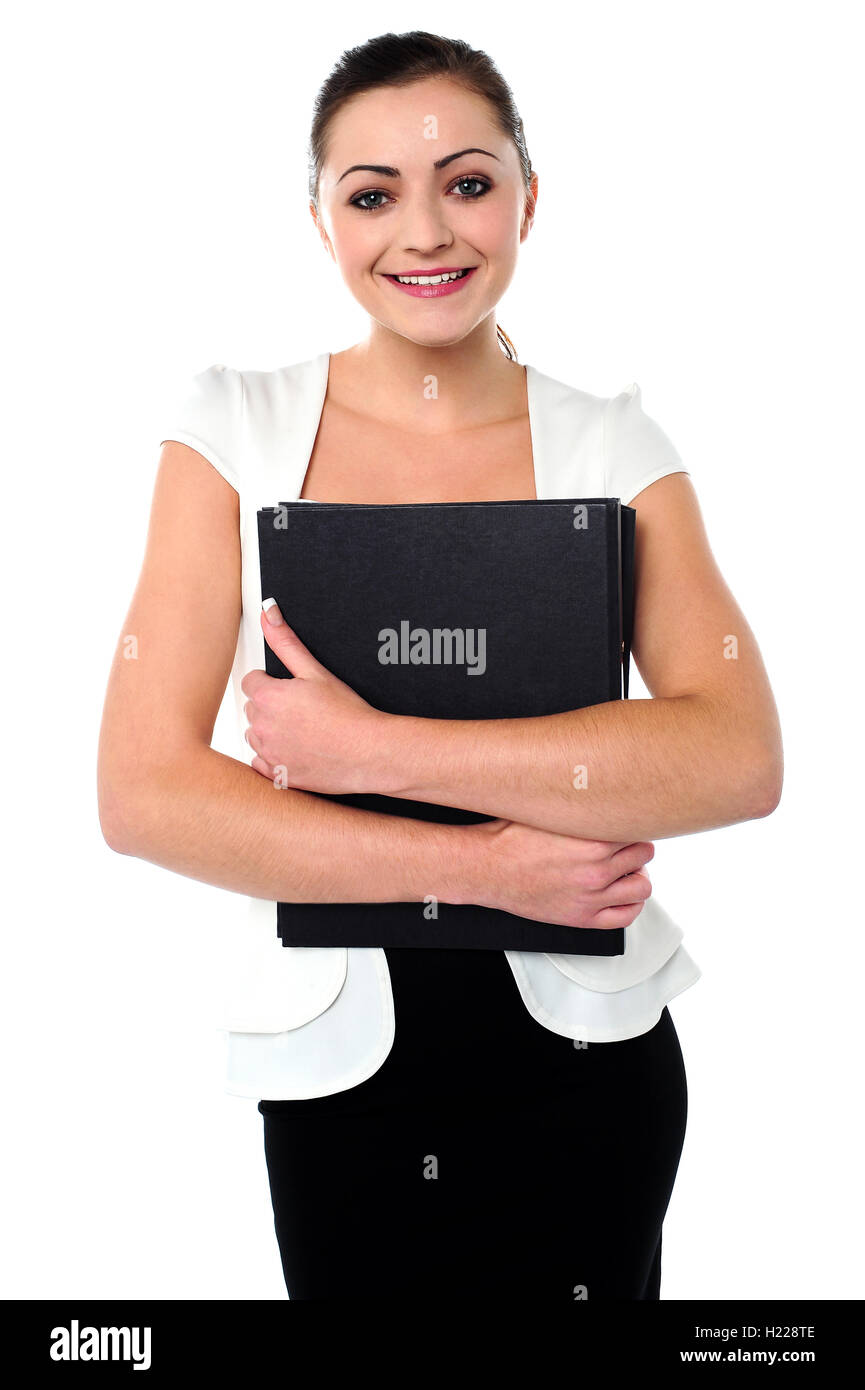 Business lady holding office files Stock Photo - Alamy