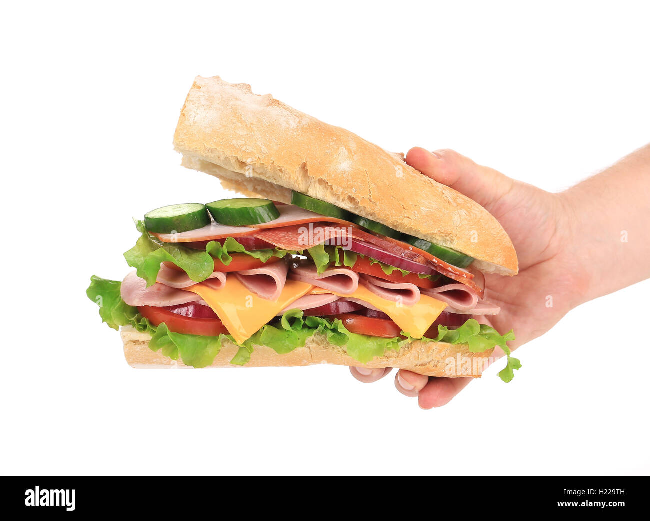Big fresh sandwich in hands Stock Photo - Alamy