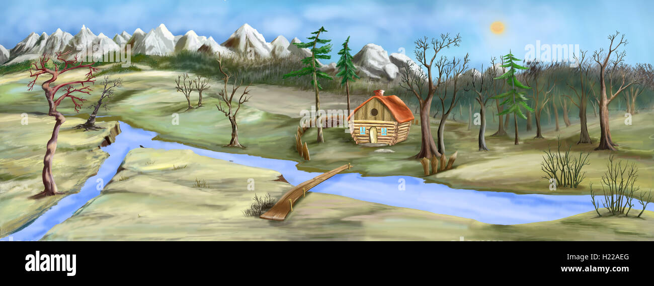 Gloom and dull landscape with Small House Near the River in late Autumn ...