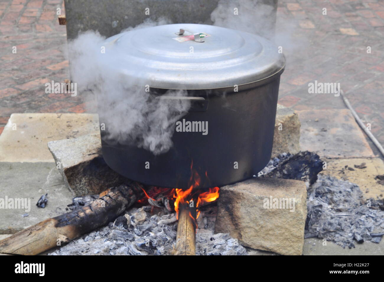 Big stew pot of Chung cake or Vietnamese rice cake in the lunar new ...
