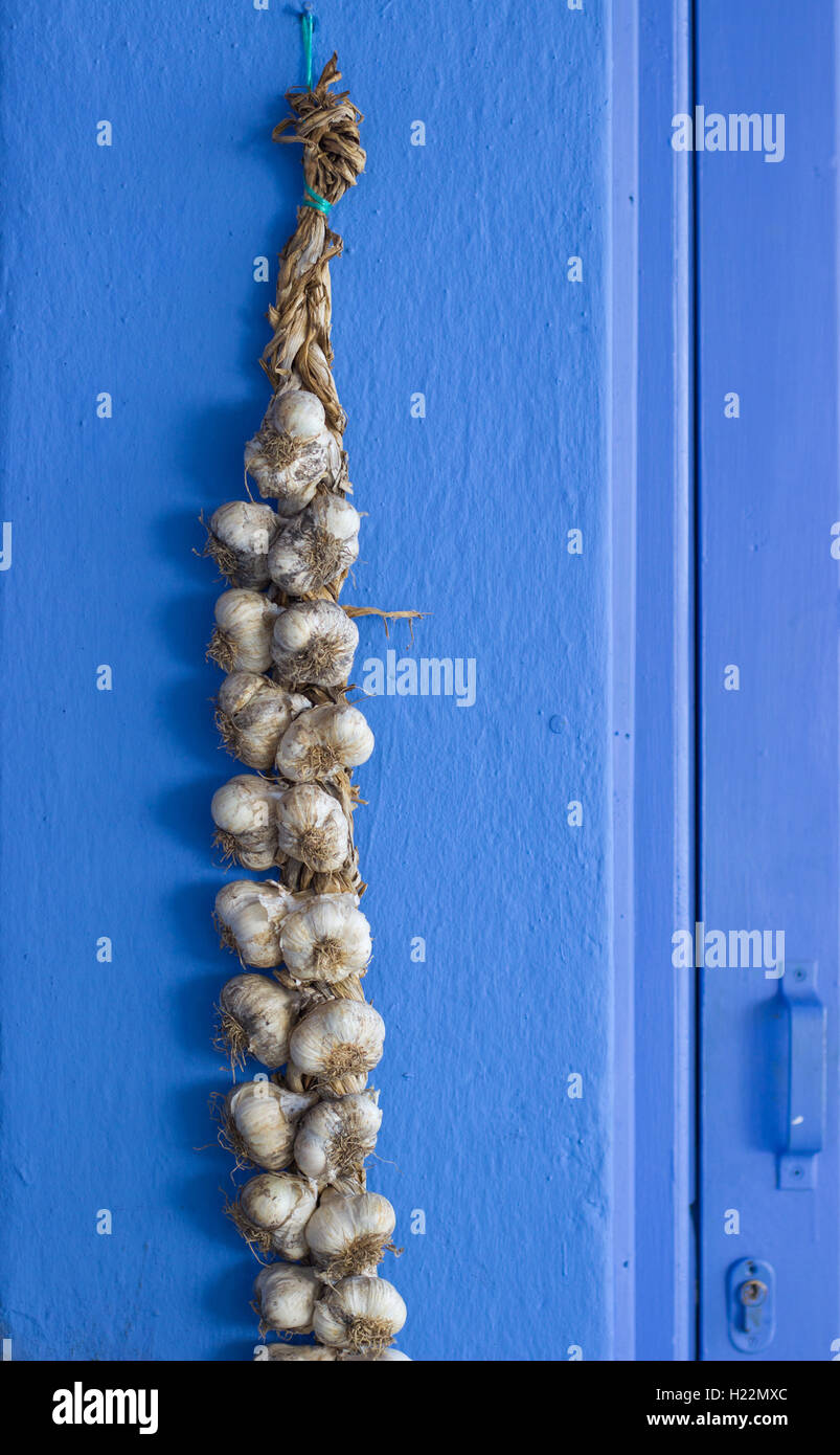 Garlic string hanging on the blue wall Stock Photo - Alamy