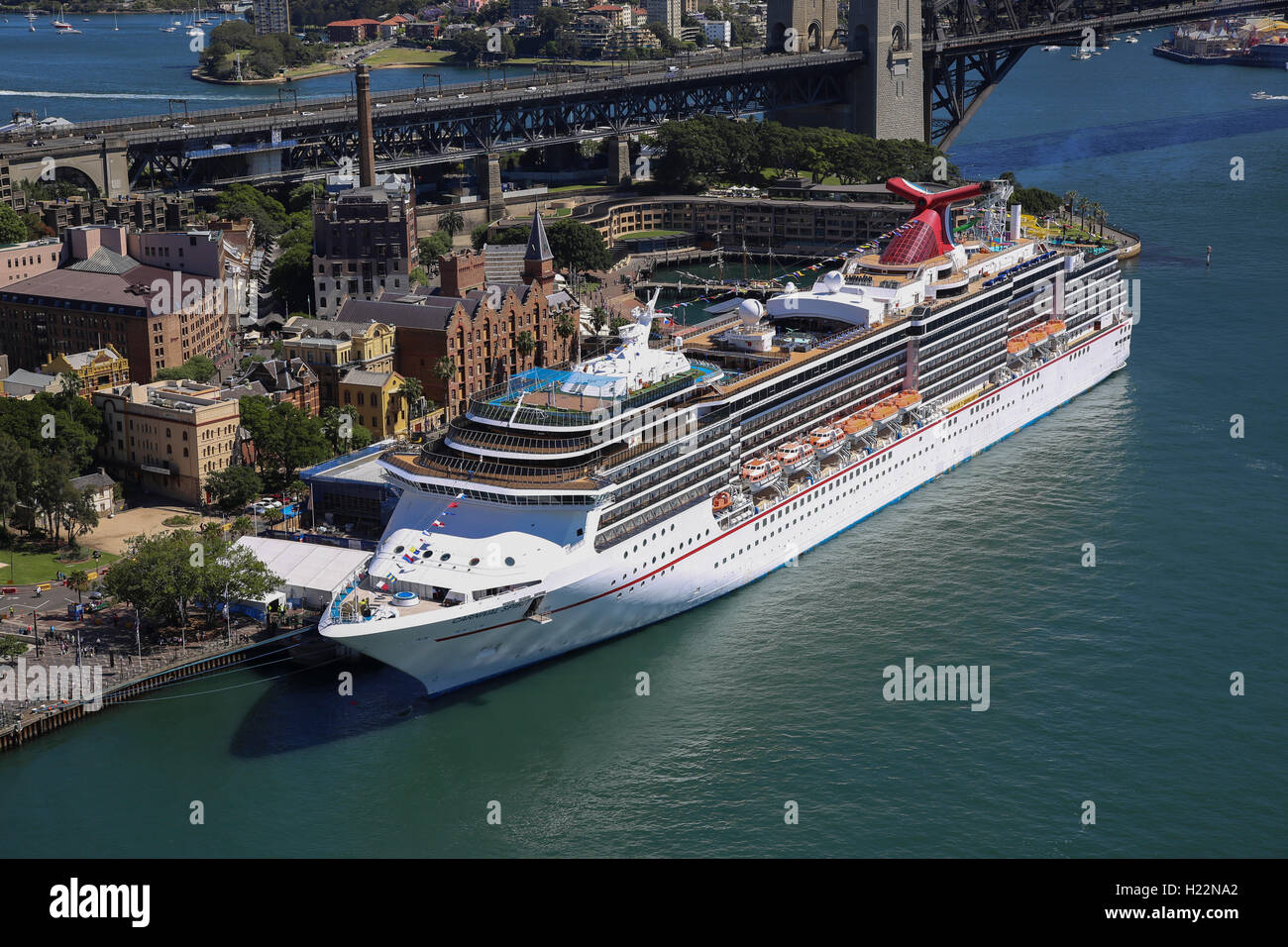 Aerial view of luxury cruise ship Carnival Spirit berthed at the ...