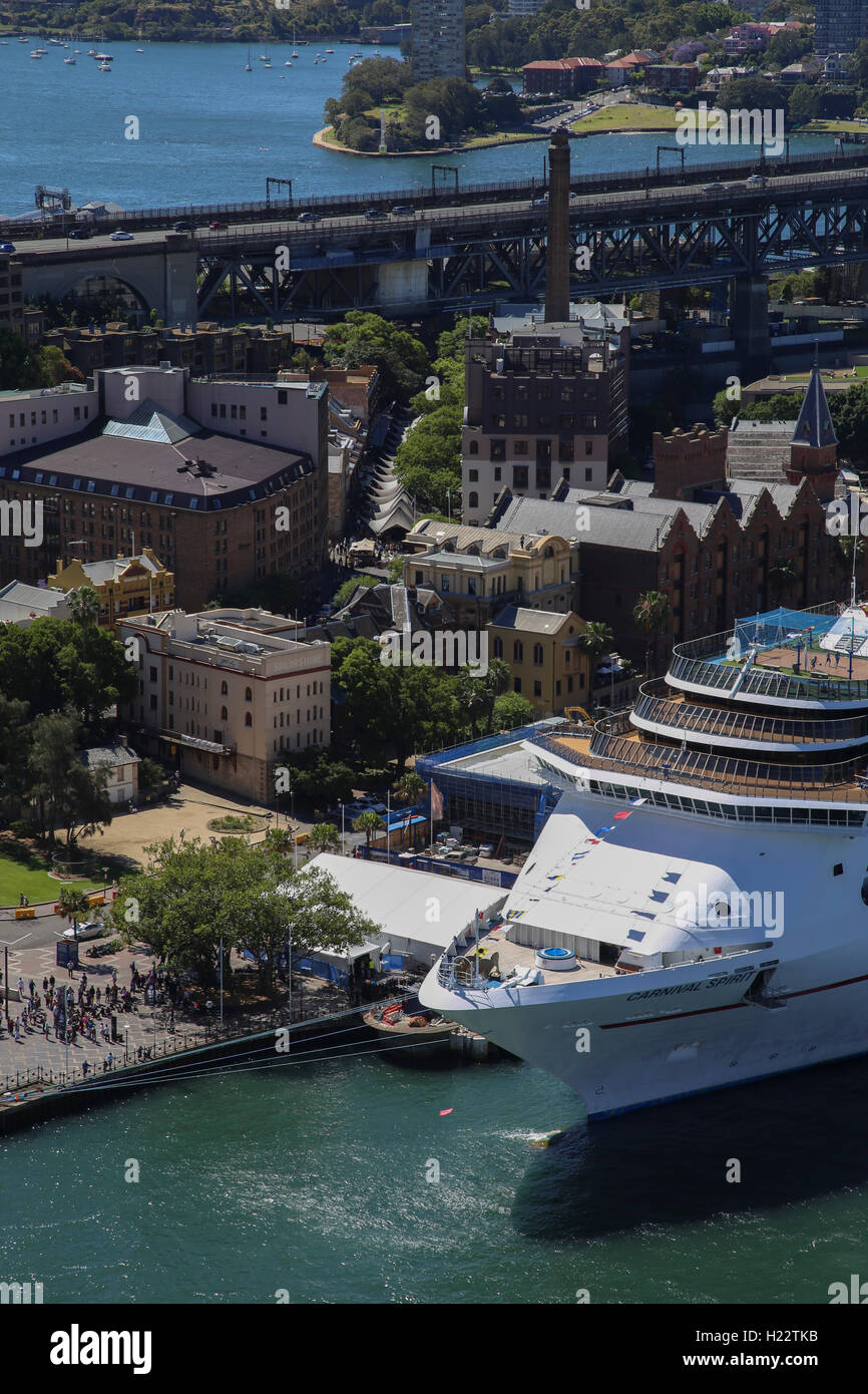 Aerial view of the bow of a cruise sip berthed at the Overseas ...