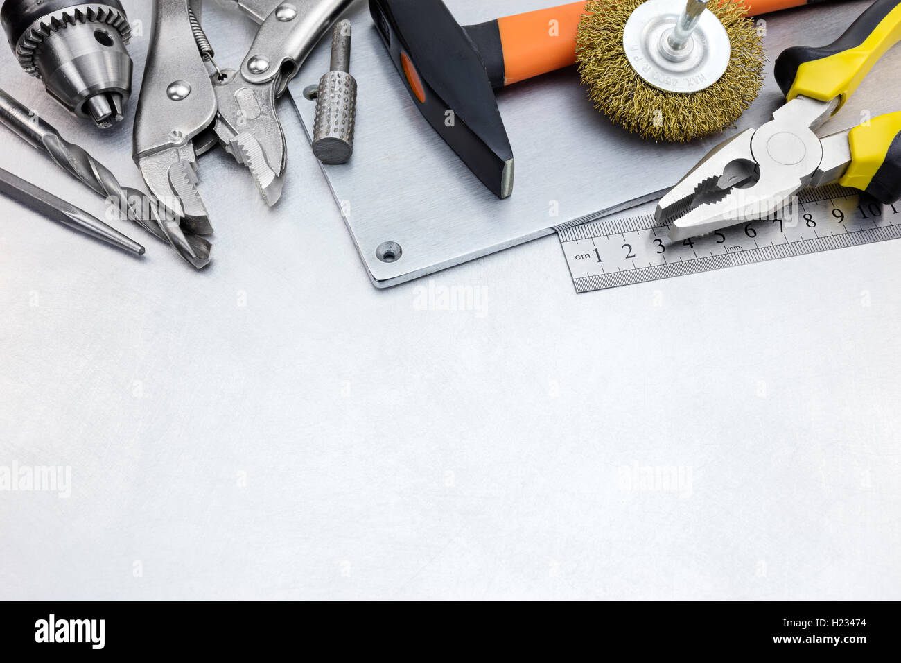 tool set of instruments for construction and repair on metal table ...