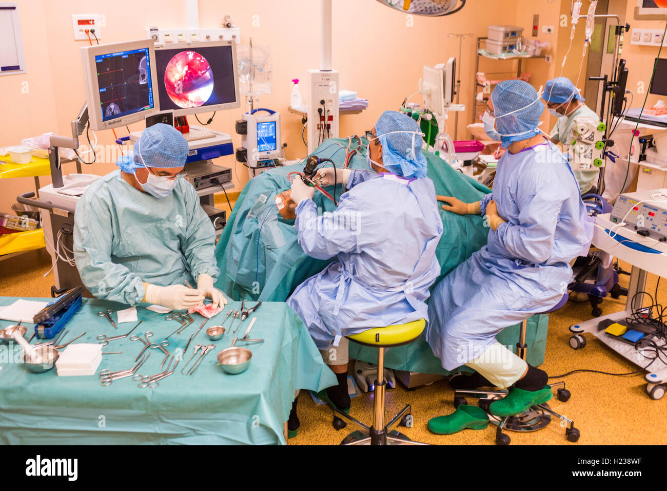 Sinus computer assisted surgery (neuronavigation). Surgeon performing ...