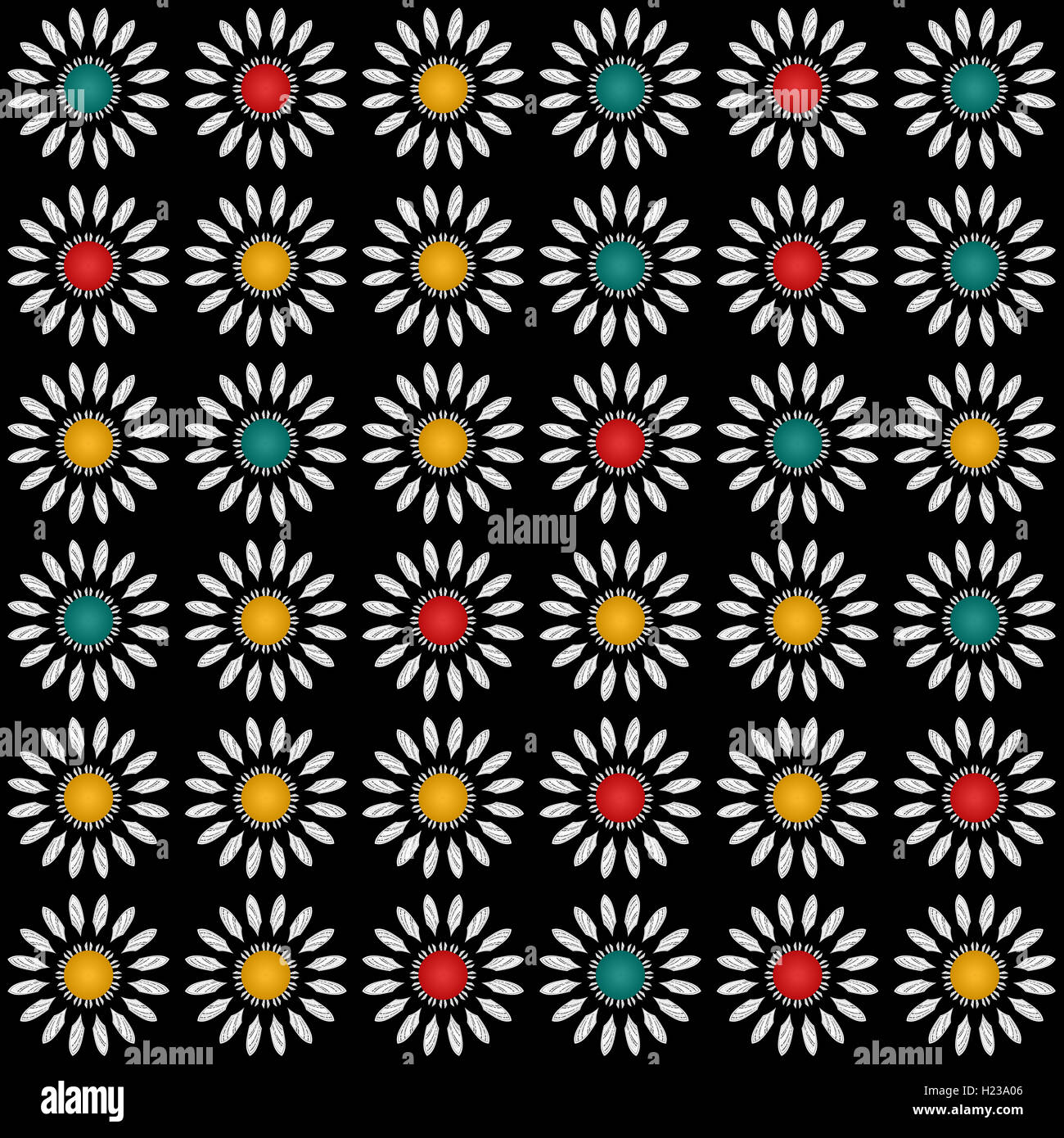 White daisies pattern with colored centers on a black background Stock ...