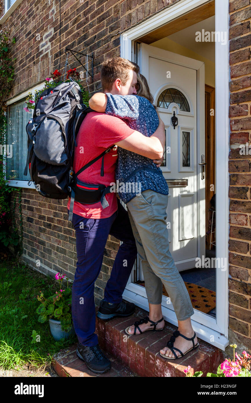 A Young Man Says Goodbye To His Mother To Go Travelling, Sussex, UK ...
