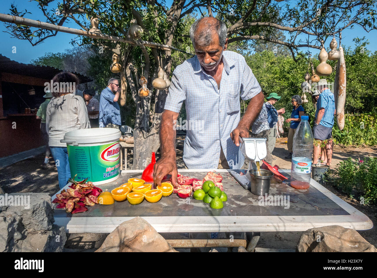 A man making freshly-squeezed fruit juice with oranges and pomegranates ...