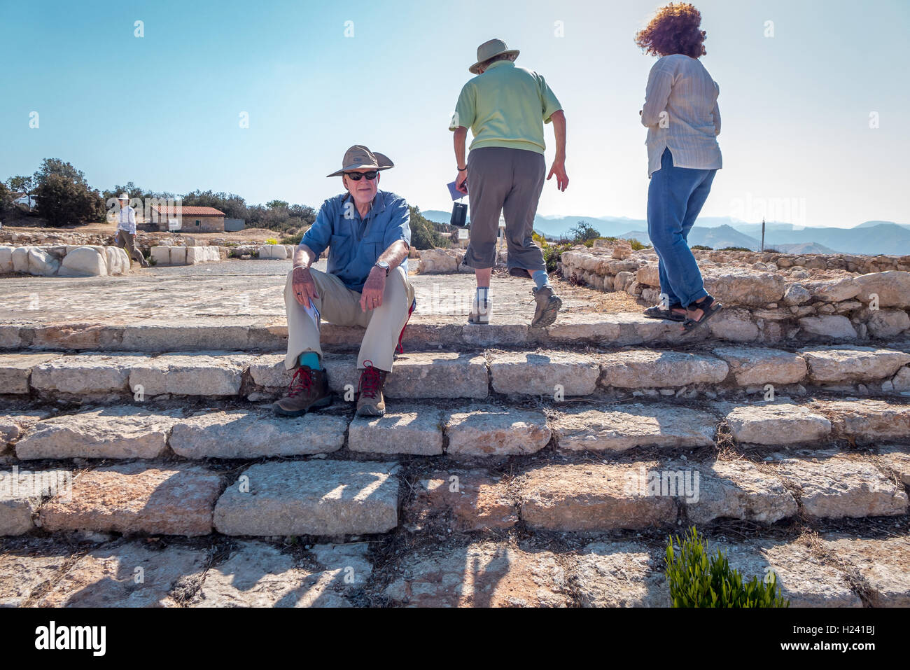 Tourists visiting the ancient site of Vouni Palace in northern Cyprus ...